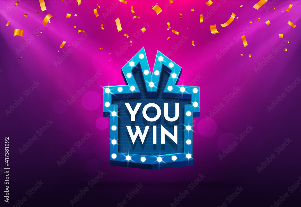 Celebrate win gift box retro board broadway sign. Winning celebration ...