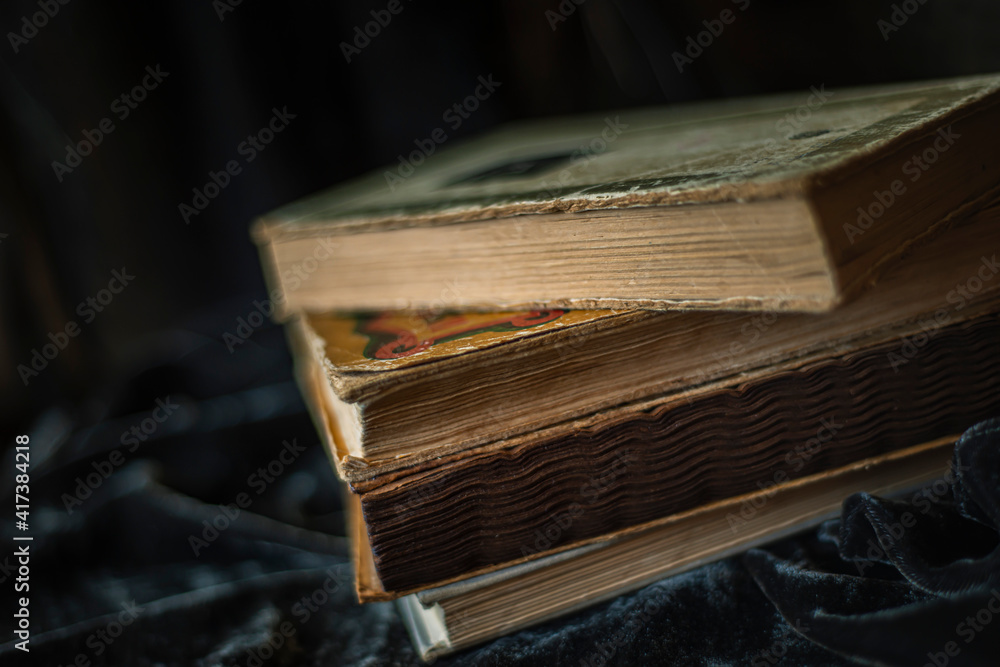 endpaper of vintage books, collection of old antique ancient books on ...