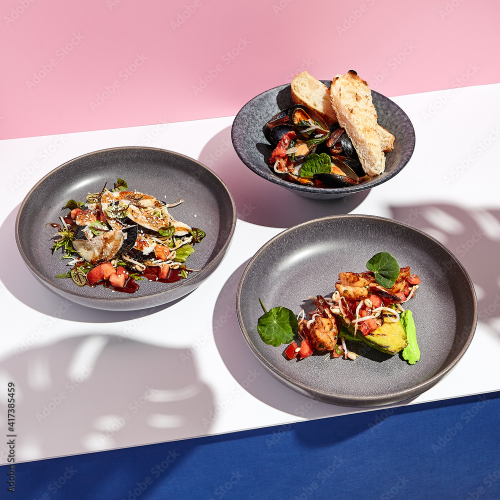 Restaurant food - Seafood plate assortment with shrimp and vegetable ...