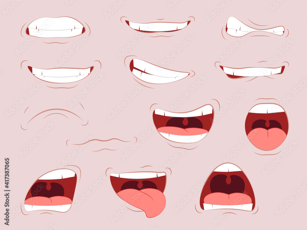 Lips with a variety of emotions. Cartoon cute mouth expressions facial ...