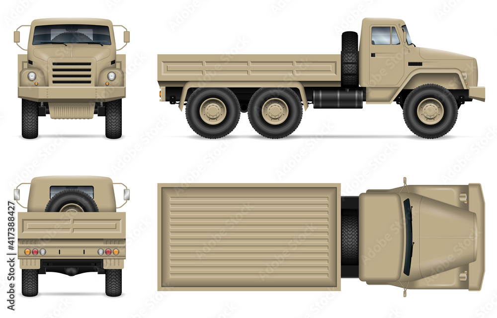 Military truck isolated vector mockup on white background. Army vehicle ...