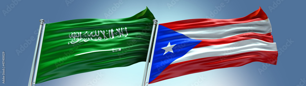 Puerto Rico Flag and Saudi Arabia Flag waving with texture in Blue sky ...