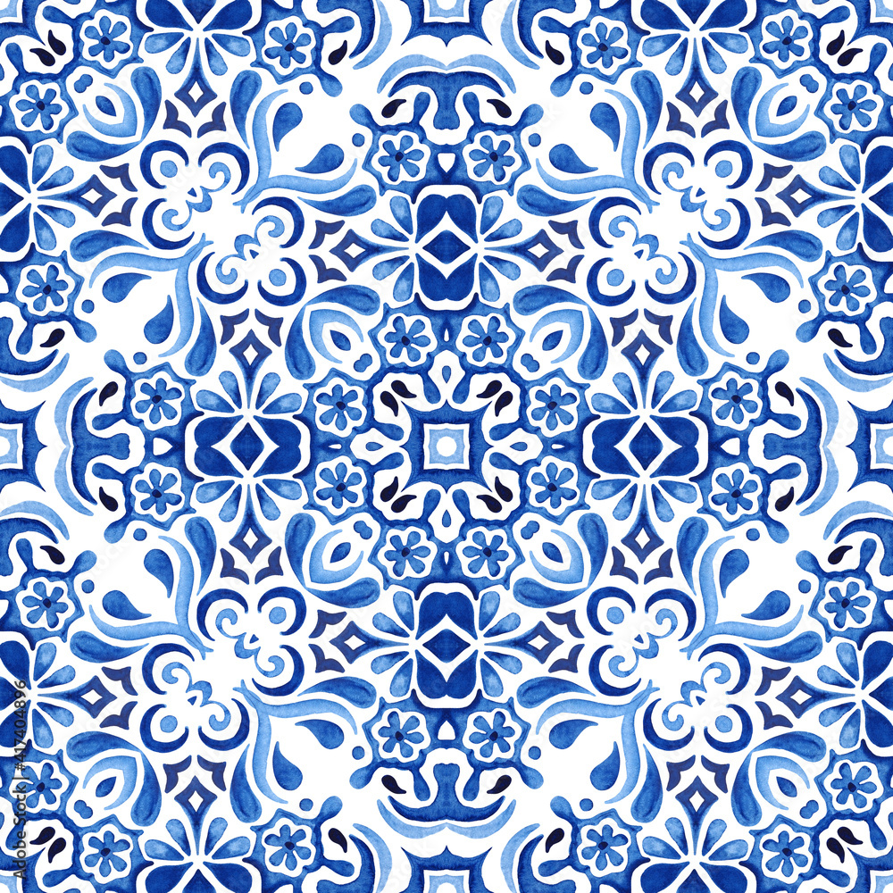 Watercolort handdrawn seamless blue geometric pattern tile design ...