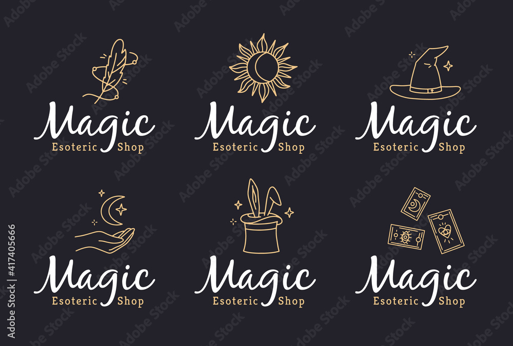 Magic logos set in doodle style for an esoteric shop. Vector linear ...