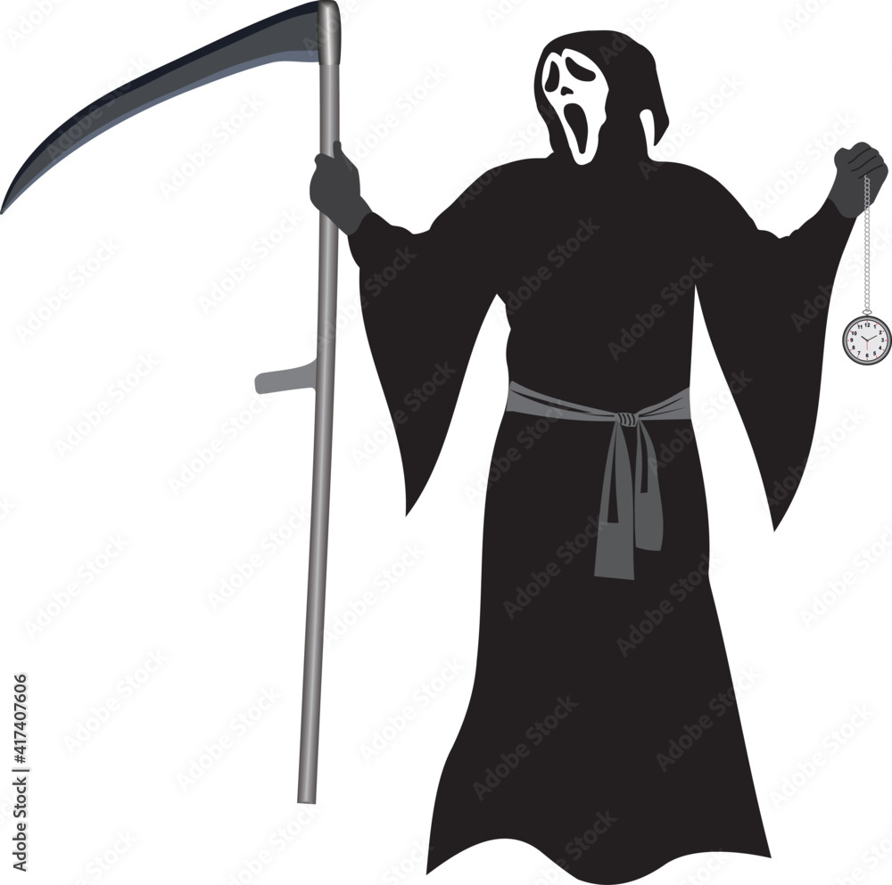 Grim reaper in black dress. He is holding a clock and a scythe in his ...