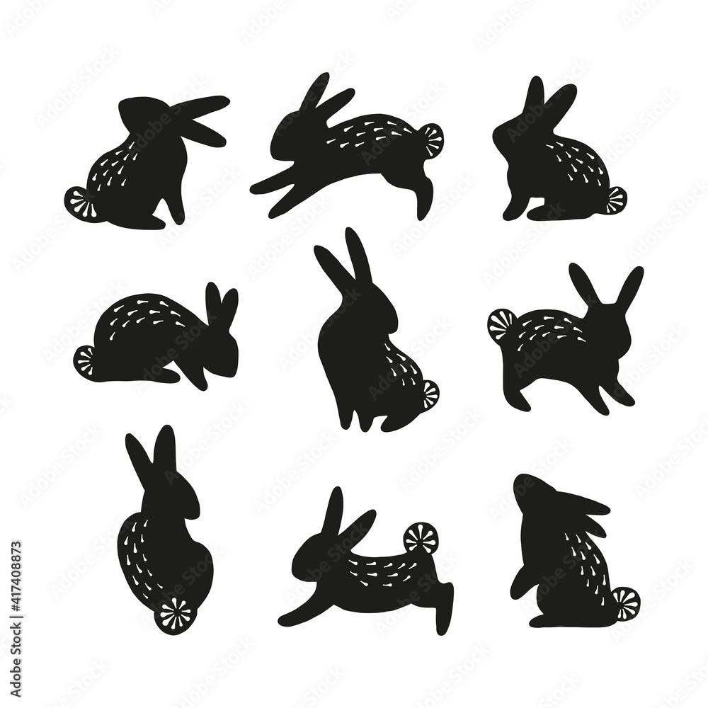 Vecteur Stock Folksy Easter bunny black silhouette collection. Rabbit ...