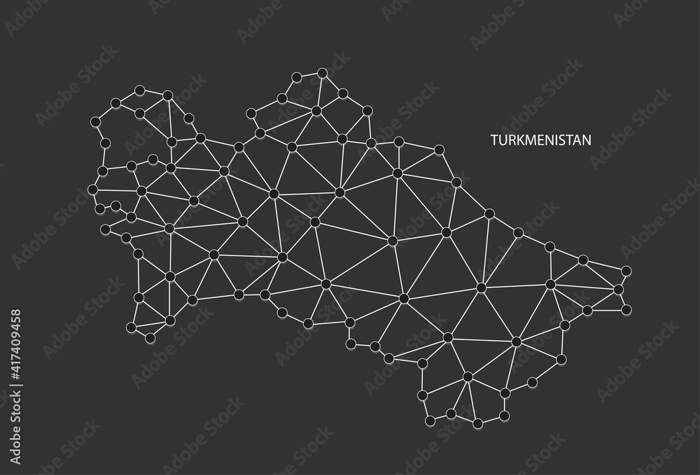 Turkmenistan Map Point scales on black background. Wire frame polygonal network white line, dot ...