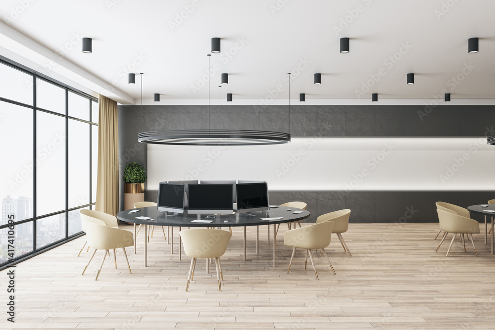 Teamwork concept: coworking space room with eco style interior design ...