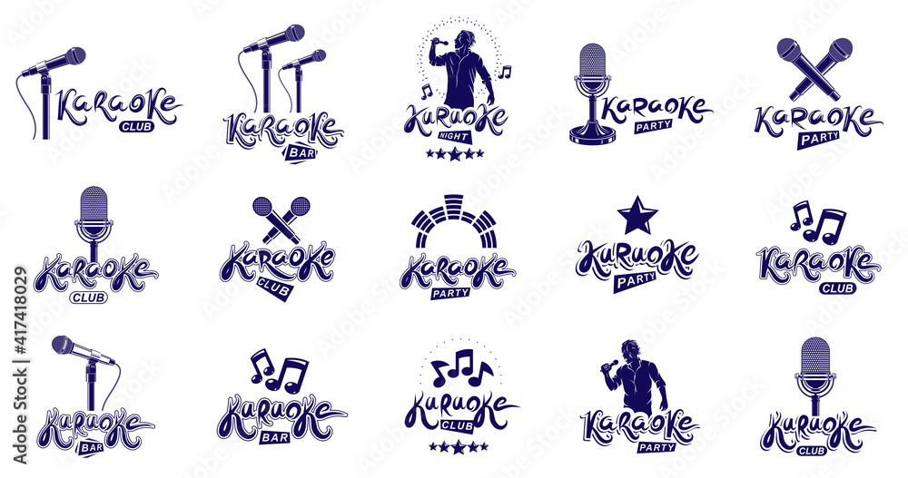 Karaoke party or club logos and emblems vector set isolated, singing ...