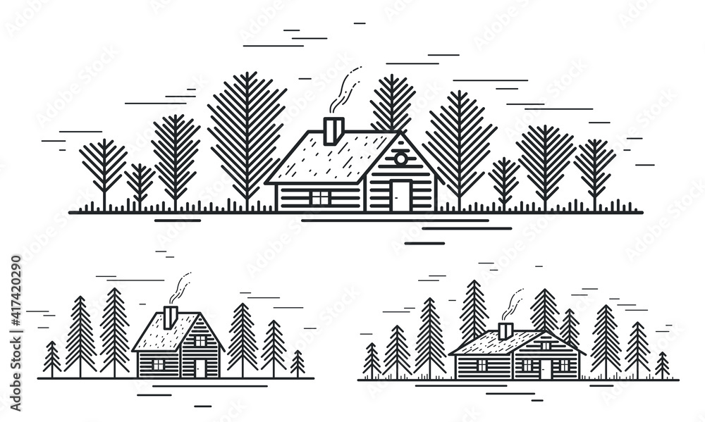Cabin in woods pine forest linear vector nature illustration isolated ...