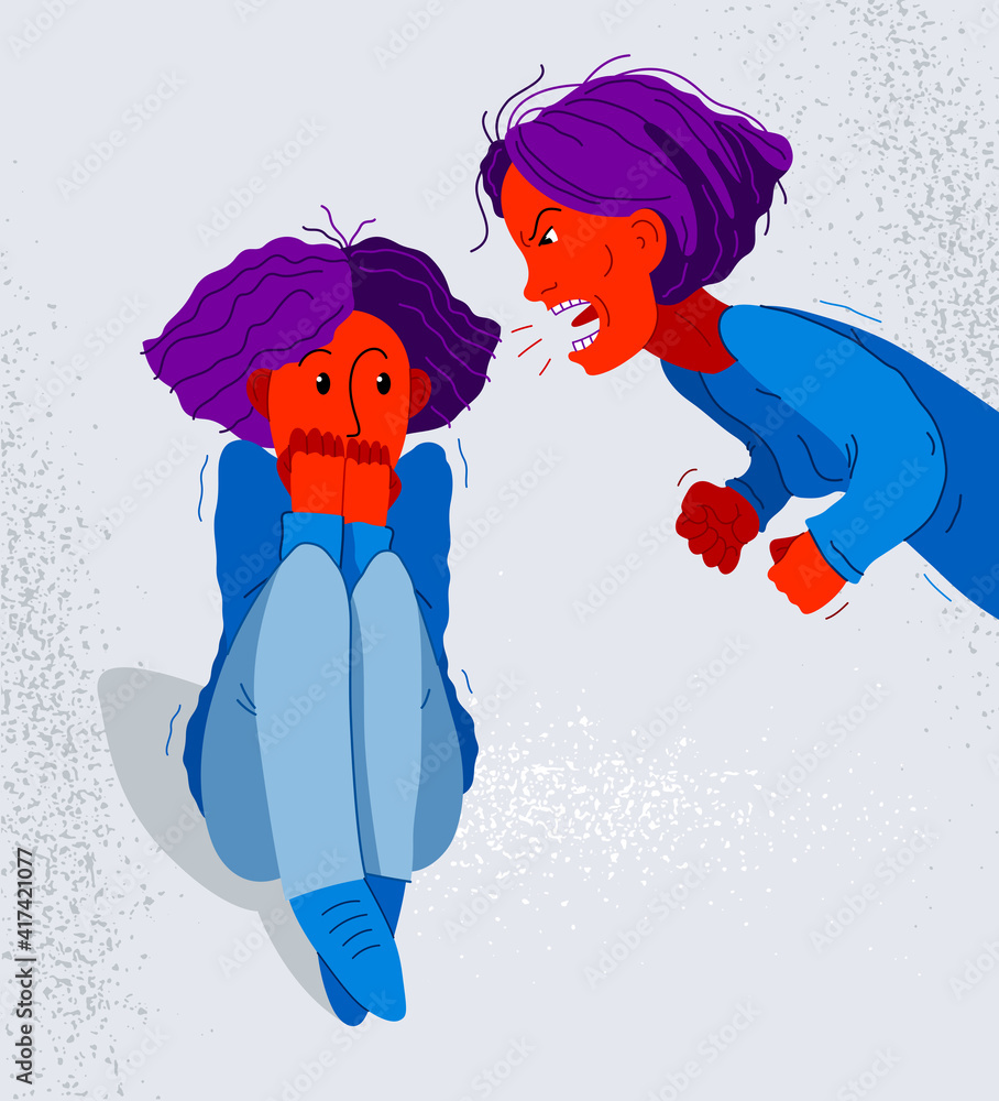Abusive mother vector illustration, bad mother scream and shout on scared teen girl her daughter ...