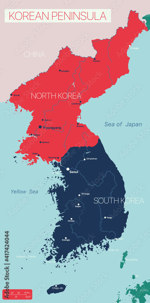 KOREAN PENINSULA detailed editable map with regions cities and towns ...
