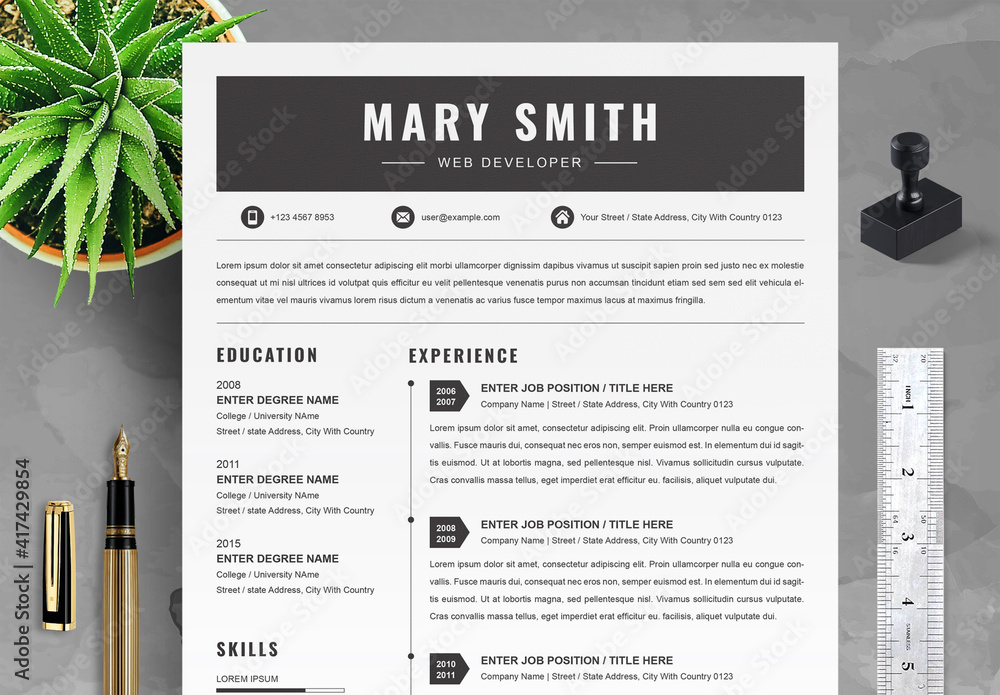 Clean and Professional Resume CV Layout Stock Template | Adobe Stock