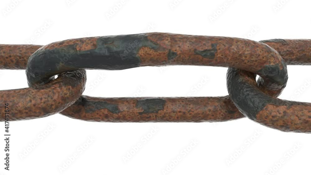 The camera captures a close-up of the links of a huge rusty chain. The ...