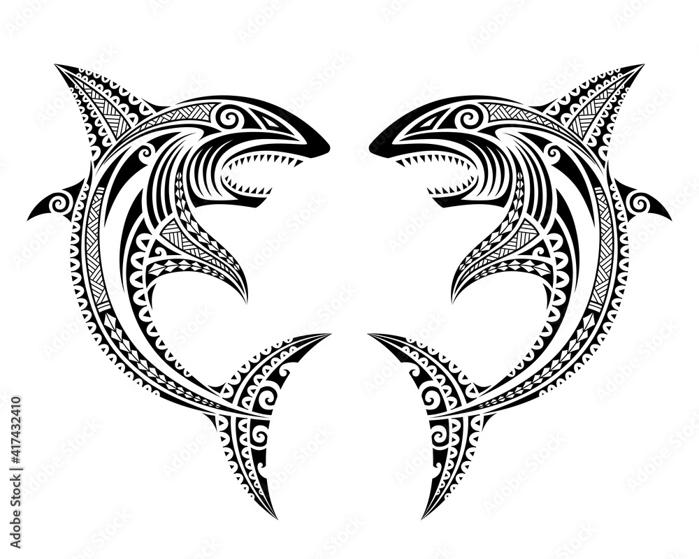 Sharks attack fish illustration Maori polynesian tattoo style. Tribal ...