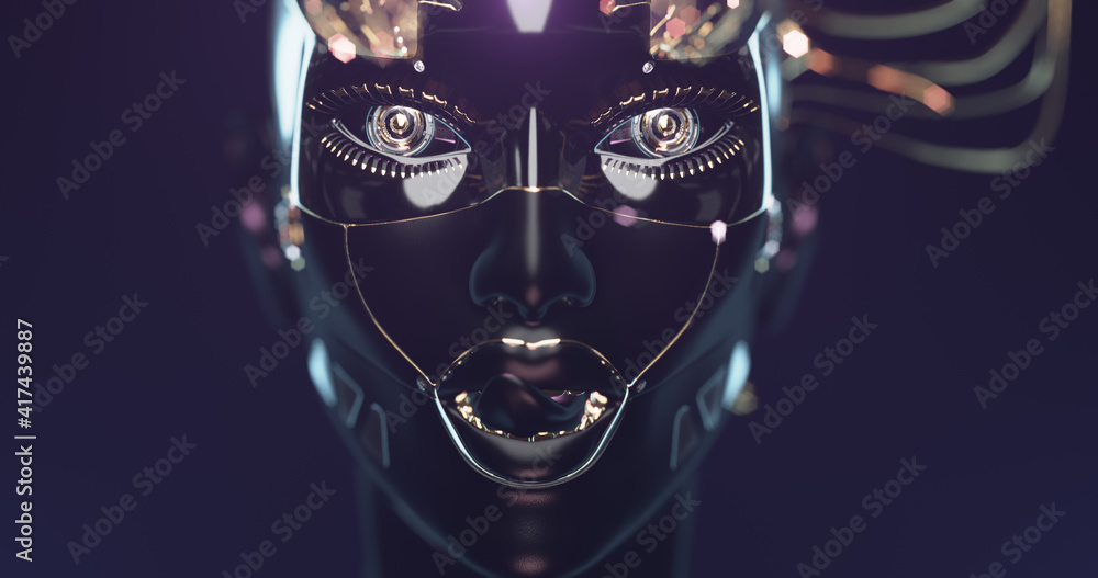 Cyber Woman Face front view artificial head AI neural network ...