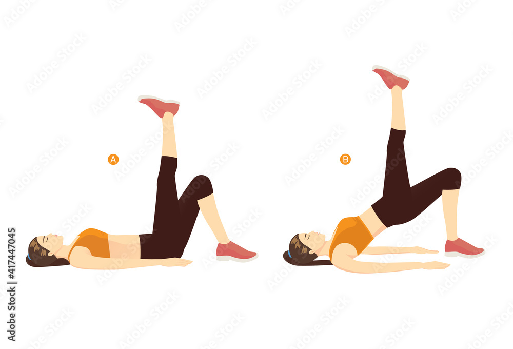 Woman doing single leg Hip Thrust Exercise in 2 steps for six-pack and ...