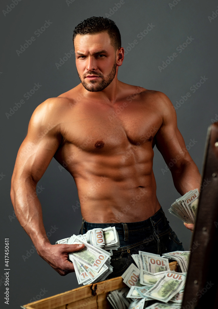 Richness concept. Successful man with money box. Brutal guy with cash ...