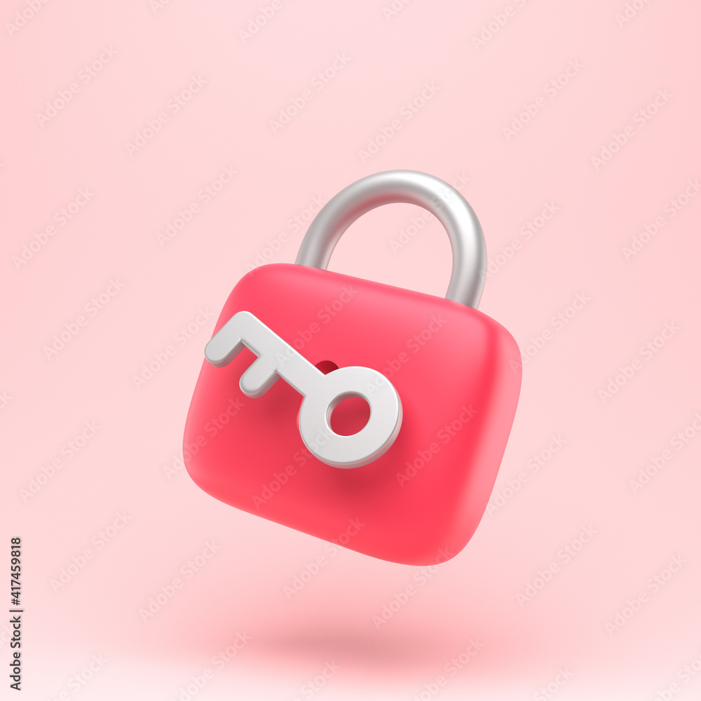 Lock icon with key simple 3d illustration on pastel abstract background ...