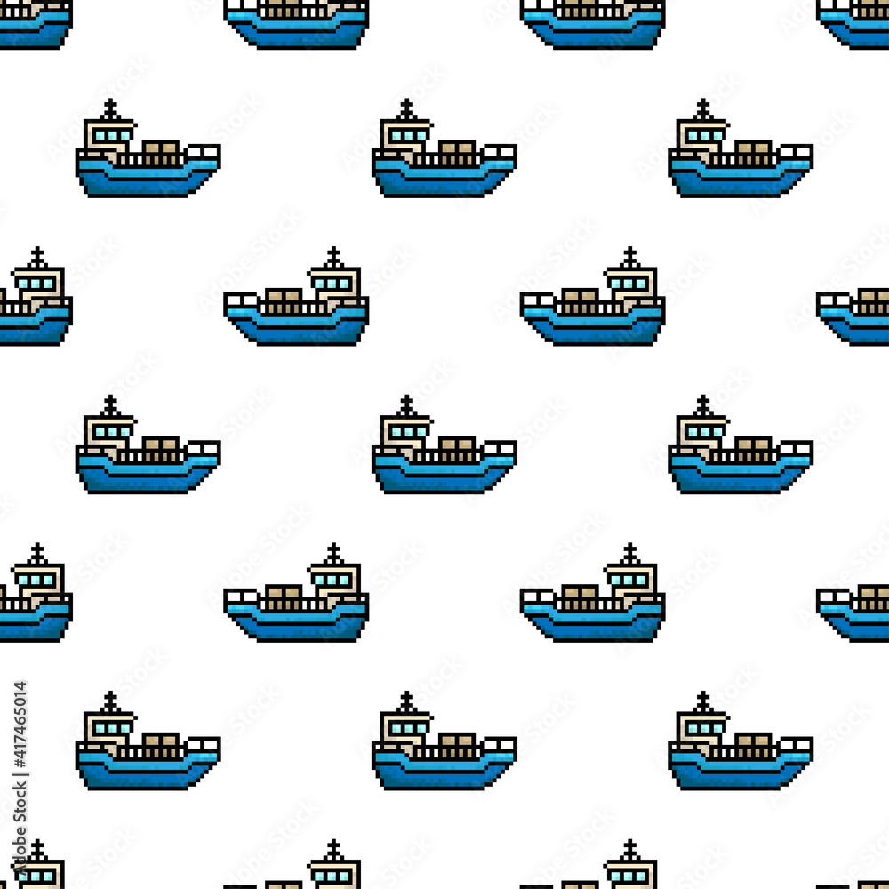 Pixel blue ships isolated on white background. Cute seamless pattern ...