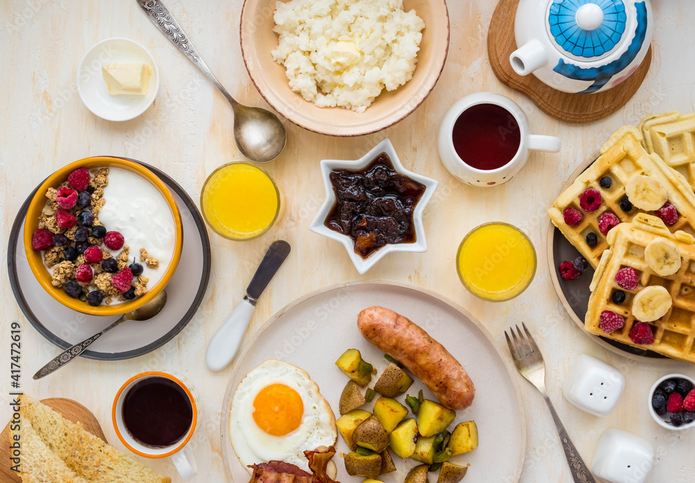 Family breakfast, set table for the whole family: full breakfast, whole ...