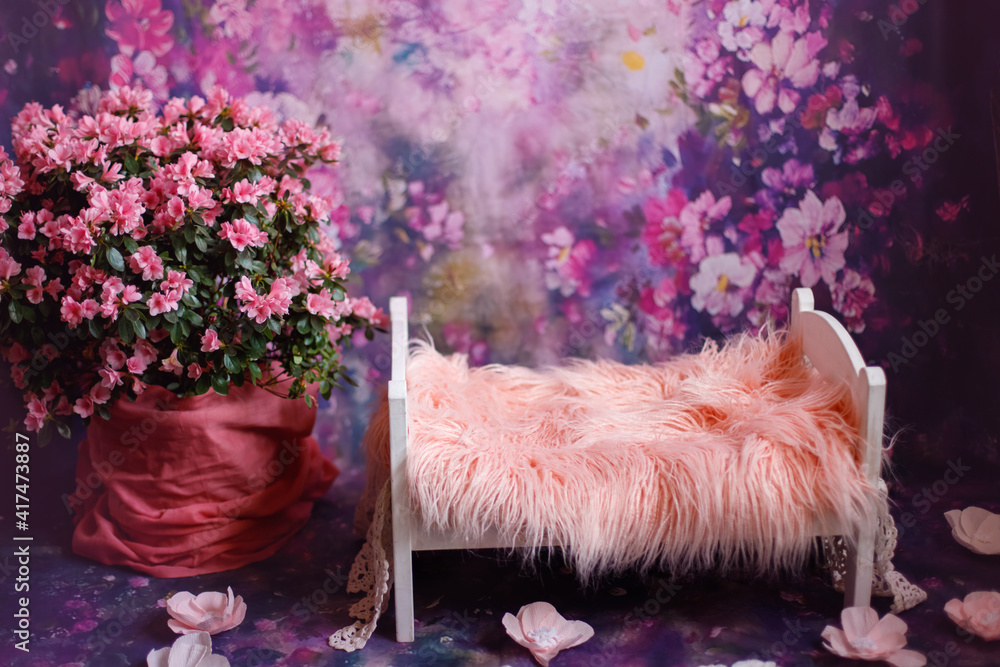 Floral newborn digital background on violet. Composite for baby ...