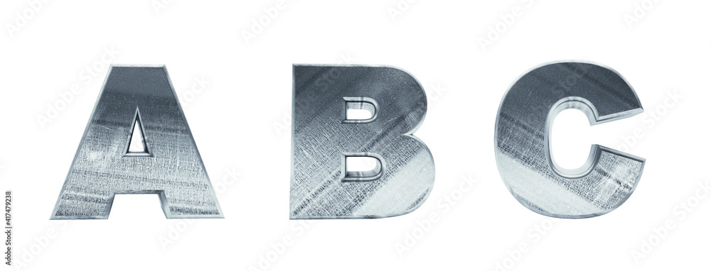 Steel alphabet. Letters A, B, C. Scratched metal font 3d render. One ...