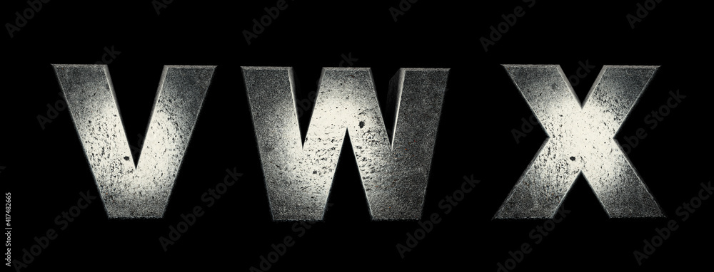 Destroyed white alphabet. Letters V, W, X. Fragmented white font 3d ...