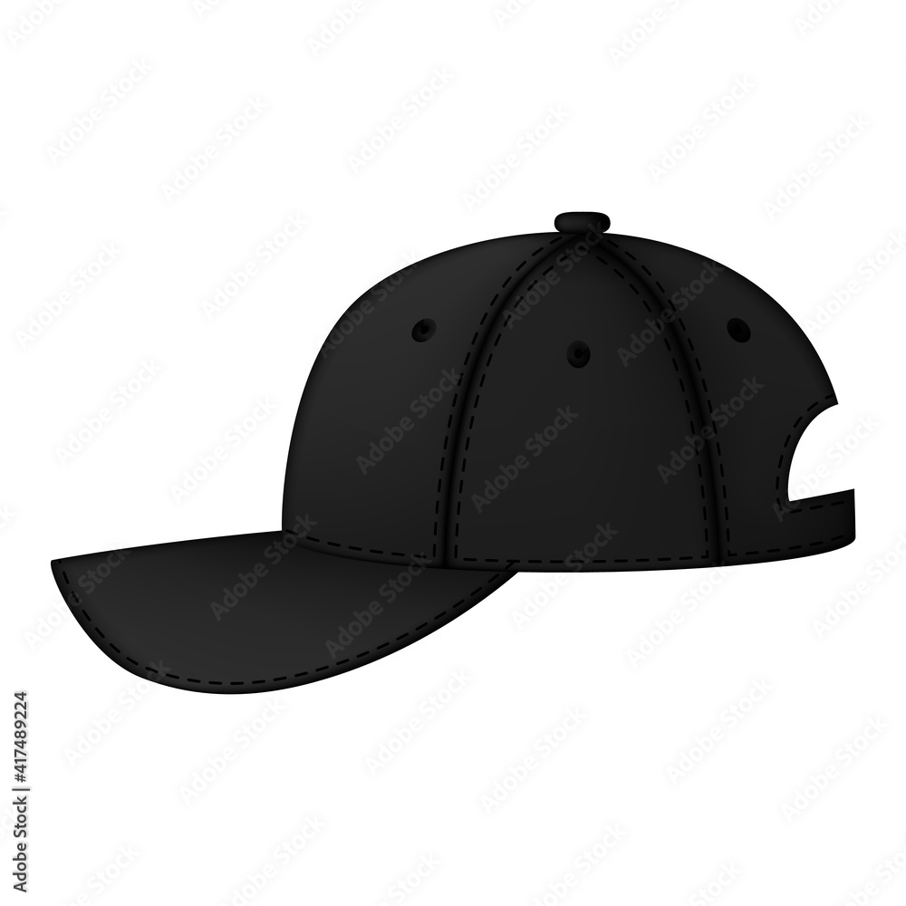 Black baseball cap. Realistic back front and side view white baseball ...