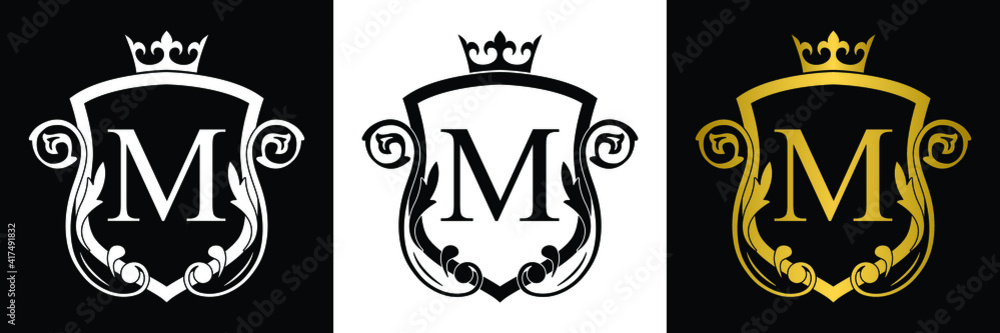 Golden Letter M. template logo Luxury shield letter with crown ...