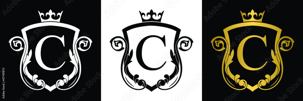 Golden Letter C. template logo Luxury shield letter with crown ...