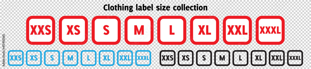 Red blue cloth labels with size for apparel, brand tags S, L, M, XL ...