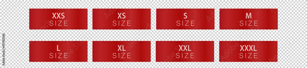 Red white cloth labels with size for apparel, brand tags S, L, M, XL ...