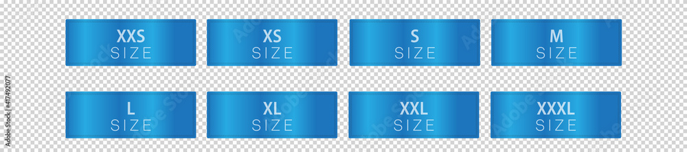 Blue cloth labels with size for apparel, brand tags S, L, M, XL symbols ...
