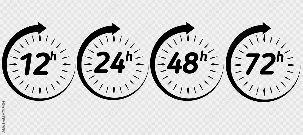 12, 24, 48 and 72 hours clock arrow. Vector work time effect or ...