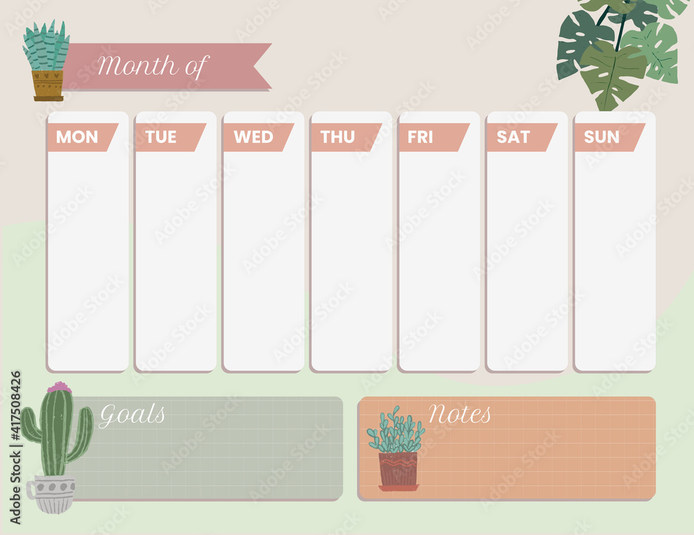 Plant theme cute weekly planner with notes, goals. Printable vector ...