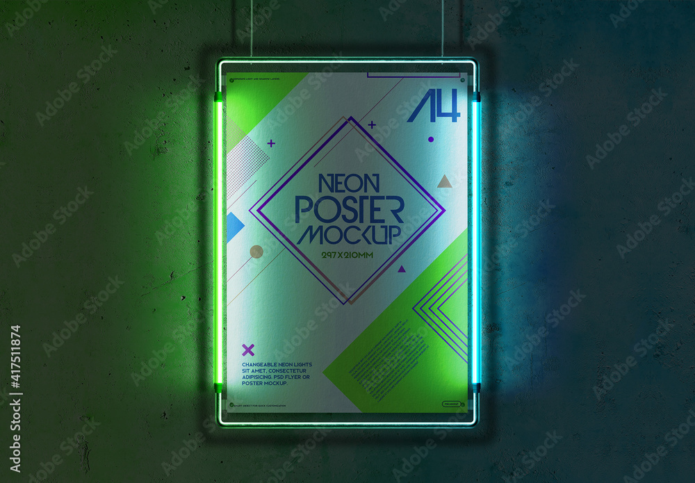 Hanging Mockup with Flyer, Poster, Neon Light, Metal Frame Stock ...