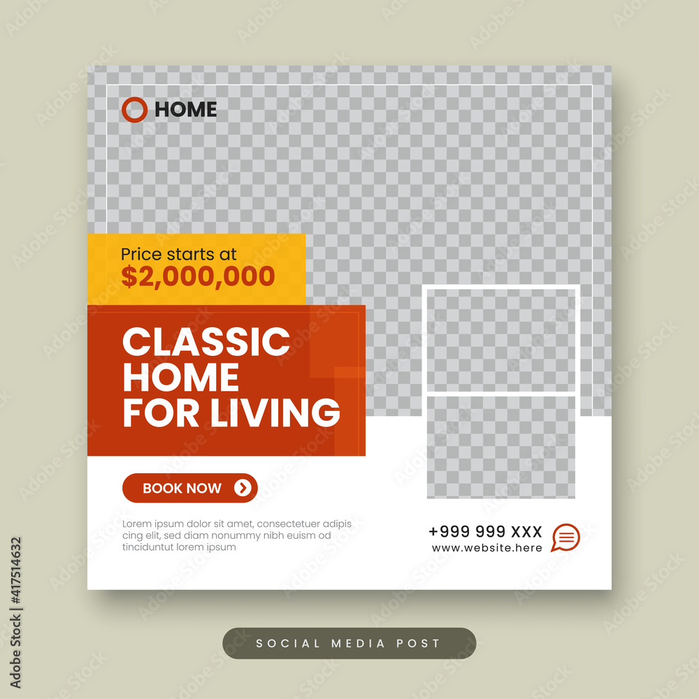 Classic home for living social media post template. Real estate square ...