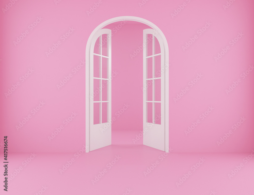 Backdrop for pink room with open door. 3d rendering Stock Illustration ...