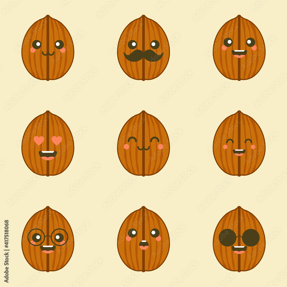 cute and kawaii walnut flat design vector illustration. walnut emoji ...