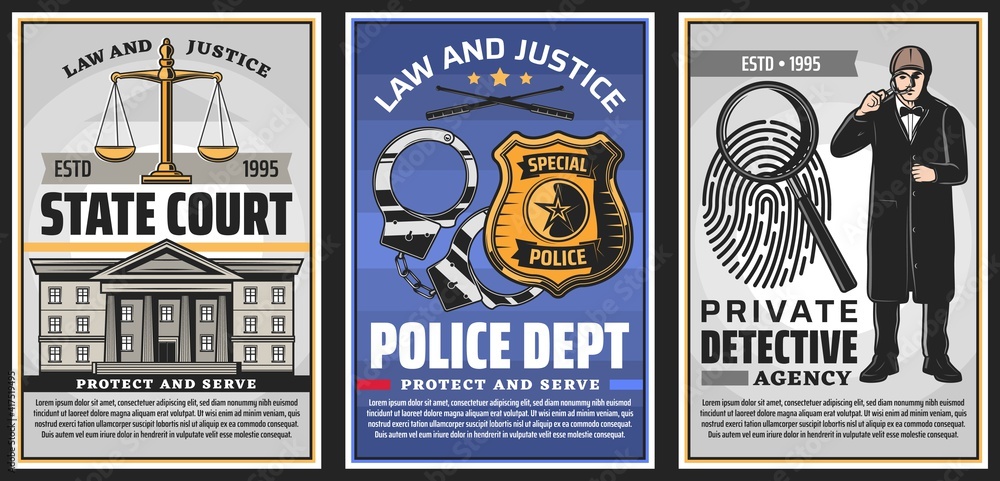Law and justice institutions retro banners. State court, police ...