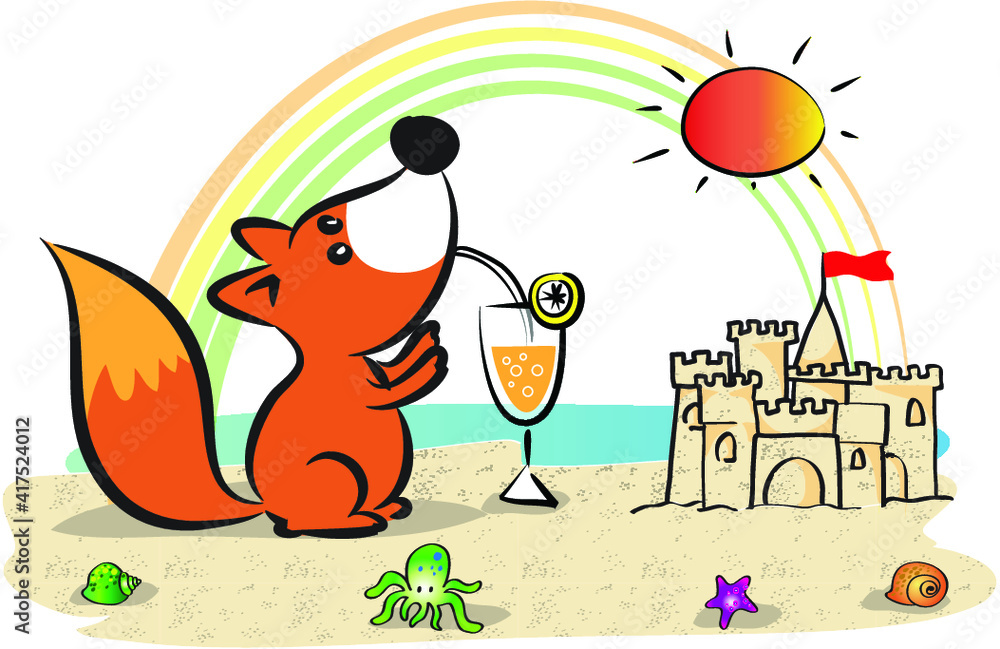 vector cartoon fox with cold drink sun rainbow sand castle summer Stock ...