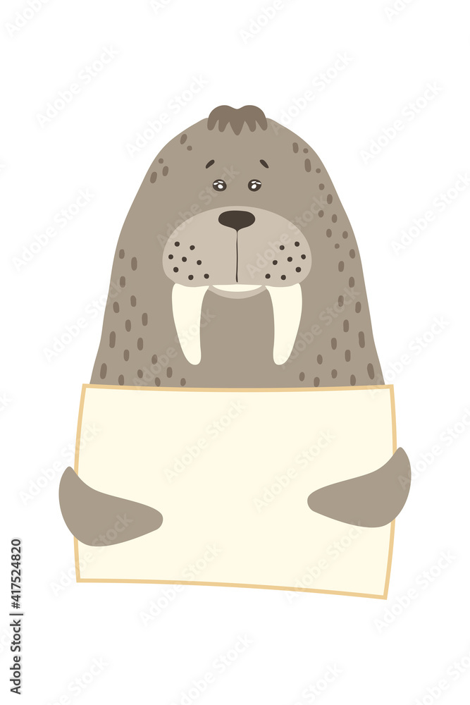 Cute cartoon animal holding tag sign with copy space. set greeting card ...