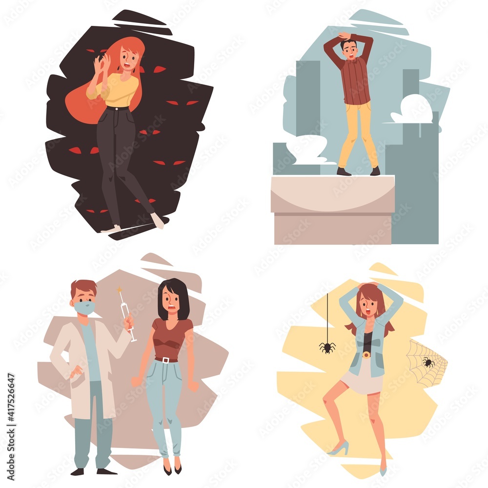 Scared people with various phobia set, cartoon vector illustration ...