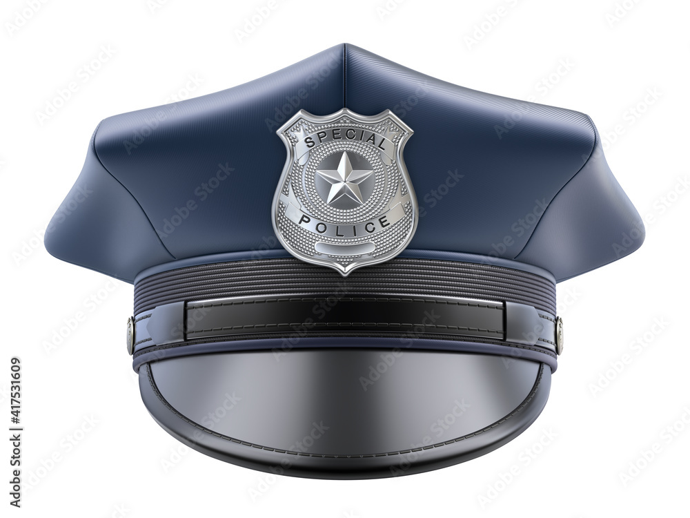 Front view of police cap with badge isolated on white background - 3d ...
