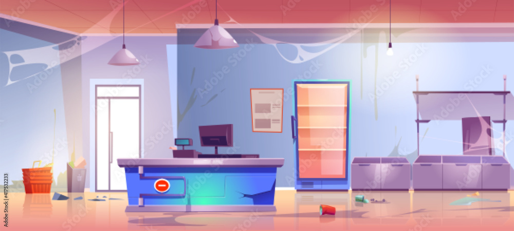 Abandoned grocery store empty shop interior with cracked cashier desk ...