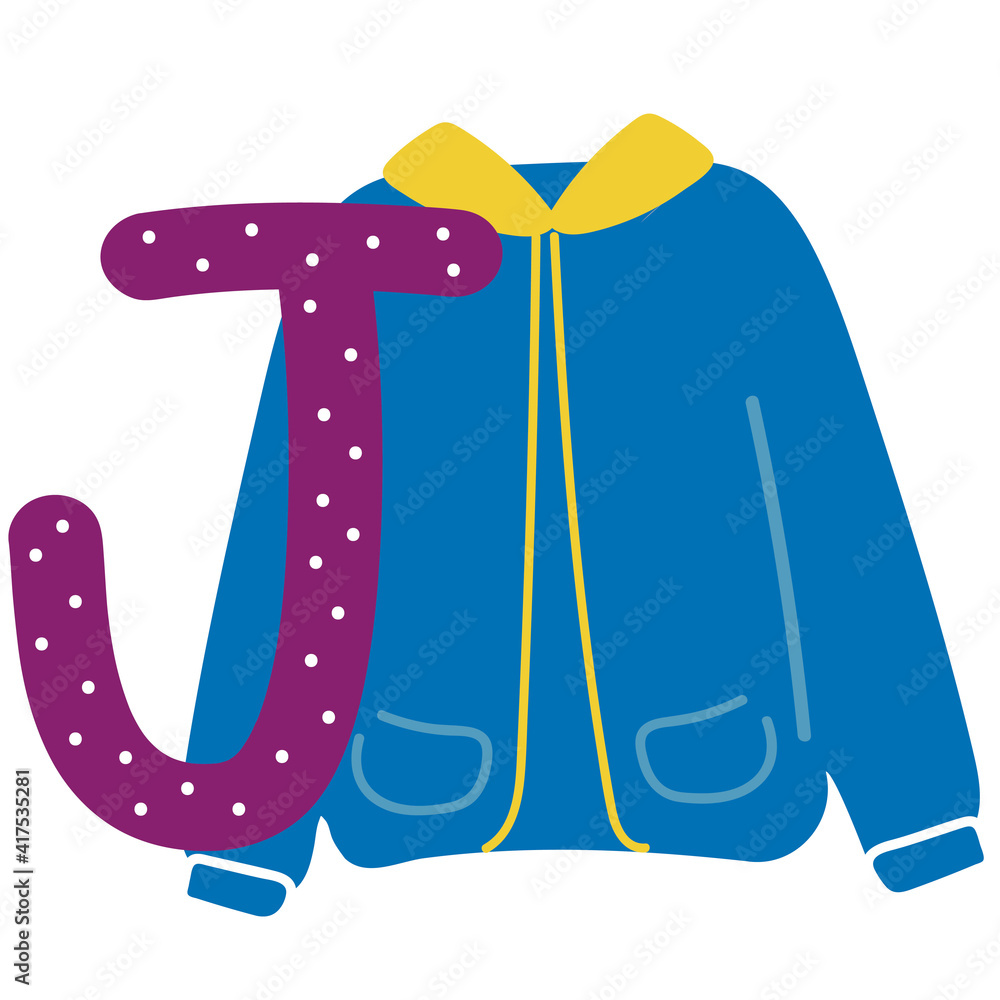 Capital letter J of English alphabet with cute cartoon jacket. Funny ...