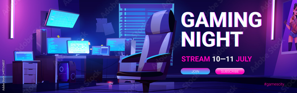 Gaming night stream cartoon web banner with teenager gamer room night ...