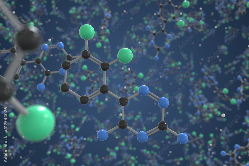 Lamotrigine molecule. Ball-and-stick molecular model. Chemistry related ...