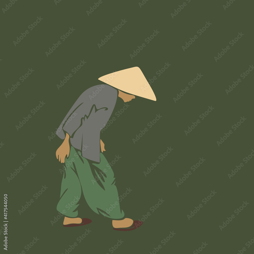 Weak hunched old woman in vietnamese hat walking, Abstract vector ...